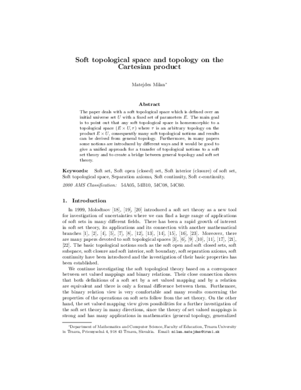 Pdf Soft Topological Space And Topology On The Cartesian Product