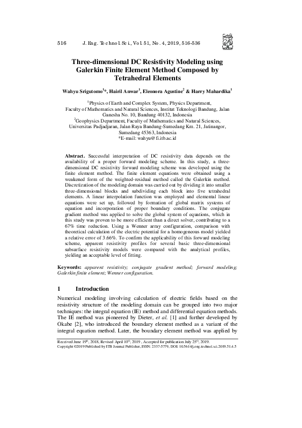 (PDF) Three-dimensional DC Resistivity Modeling using Galerkin Finite Element Method Composed by ...
