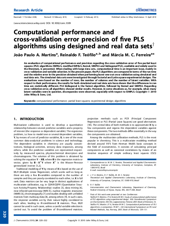 (PDF) Computational performance and cross‐validation error precision of five PLS algorithms ...