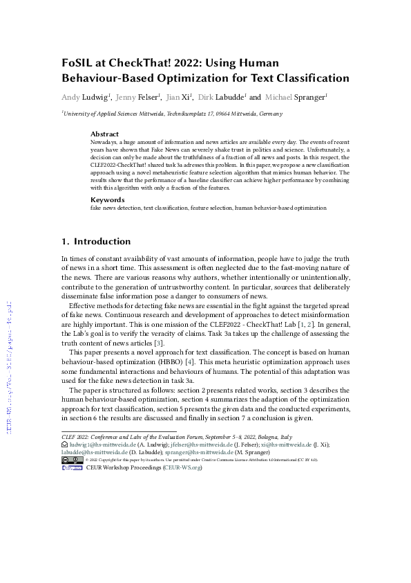 (PDF) FoSIL at CheckThat! 2022: Using Human Behaviour-Based Optimization for Text Classification