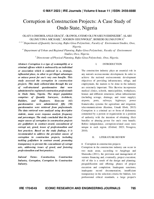 (PDF) Corruption in Construction Projects: A Case Study of Ondo State ...