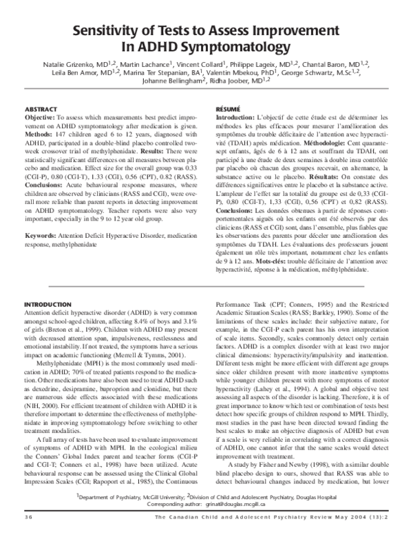 (PDF) Sensitivity of tests to assess improvement in ADHD symptomatology