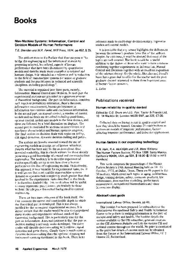 (PDF) Man-Machine Systems: Information, Control, and Decision Models of Human Performance