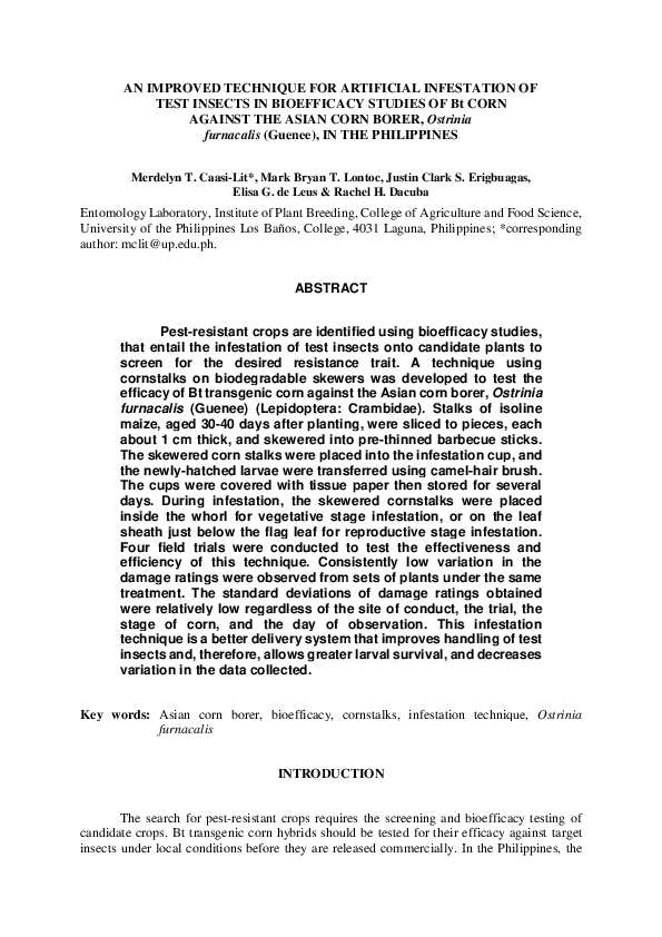 (PDF) AN IMPROVED TECHNIQUE FOR ARTIFICIAL INFESTATION OF TEST INSECTS ...