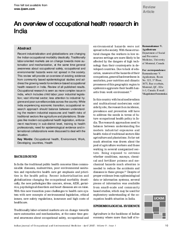 (PDF) Review Article - An overview of occupational health research in India
