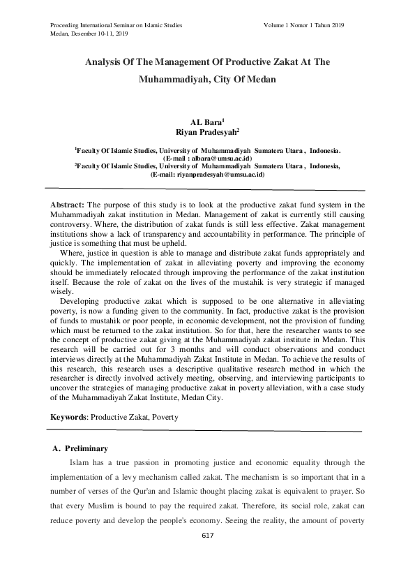 Pdf Analysis Of The Management Of Productive Zakat At The Muhammadiyah City Of Medan Riyan