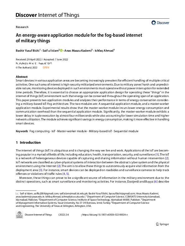 Pdf An Energy Aware Application Module For The Fog Based Internet Of Military Things Saif