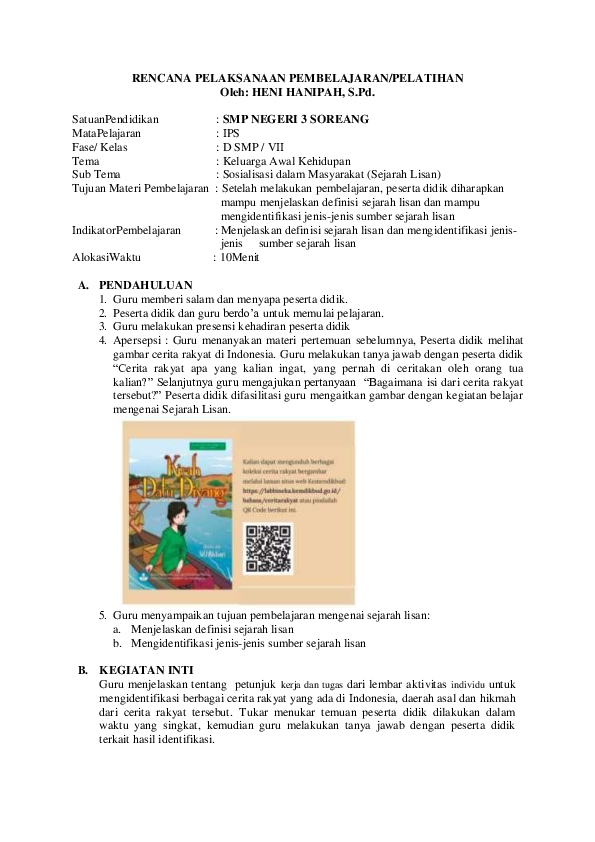(PDF) RENCANA PELAKSANAAN PEMBELAJARAN/PELATIHAN Oleh: HENI HANIPAH, S.Pd