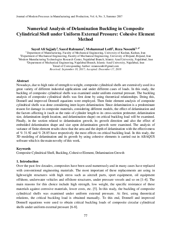Pdf Numerical Analysis Of Delamination Buckling In Composite Cylindrical Shell Under Uniform