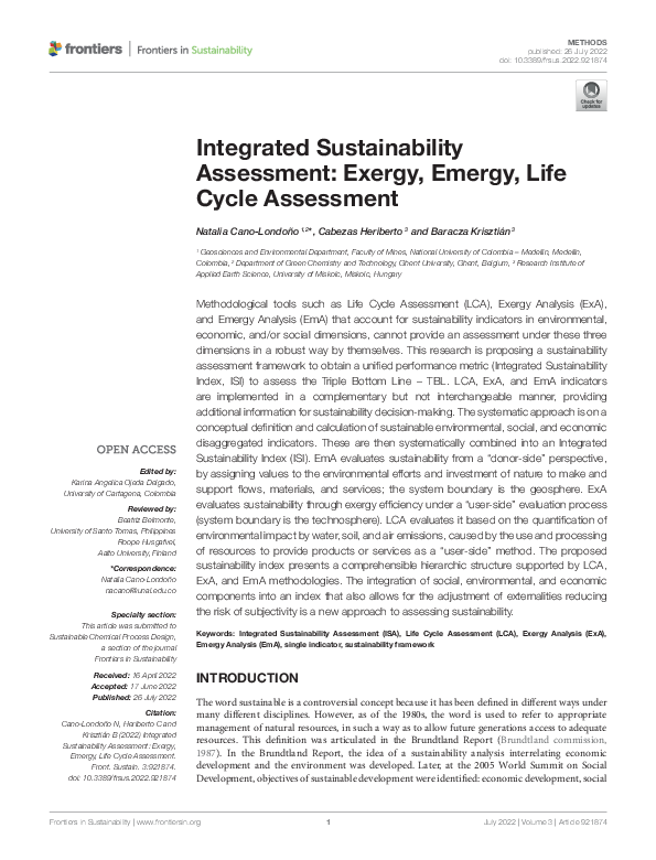 (PDF) Integrated Sustainability Assessment: Exergy, Emergy, Life Cycle Assessment