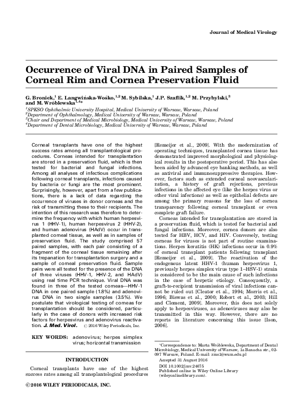 (PDF) Occurrence of viral DNA in paired samples of corneal rim and ...
