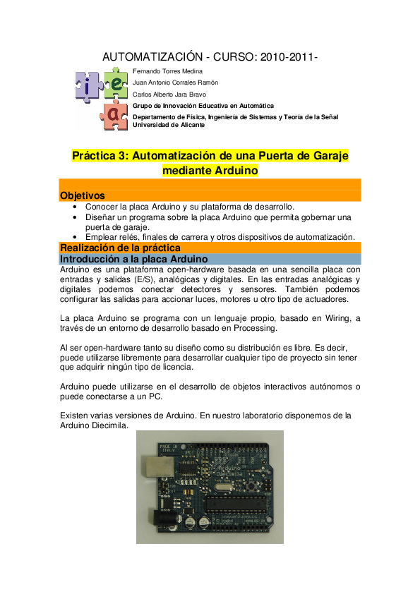 (PDF) Práctica 3: Automatización de una puerta de garaje mediante Arduino