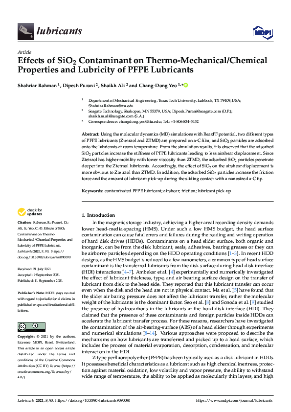(PDF) Effects of SiO2 Contaminant on Thermo-Mechanical/Chemical Properties and Lubricity of PFPE ...