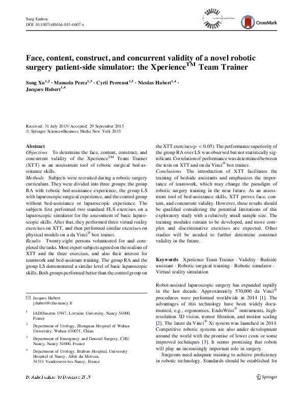 (PDF) Face, content, construct and concurrent validity of dry laboratory exercises for robotic ...