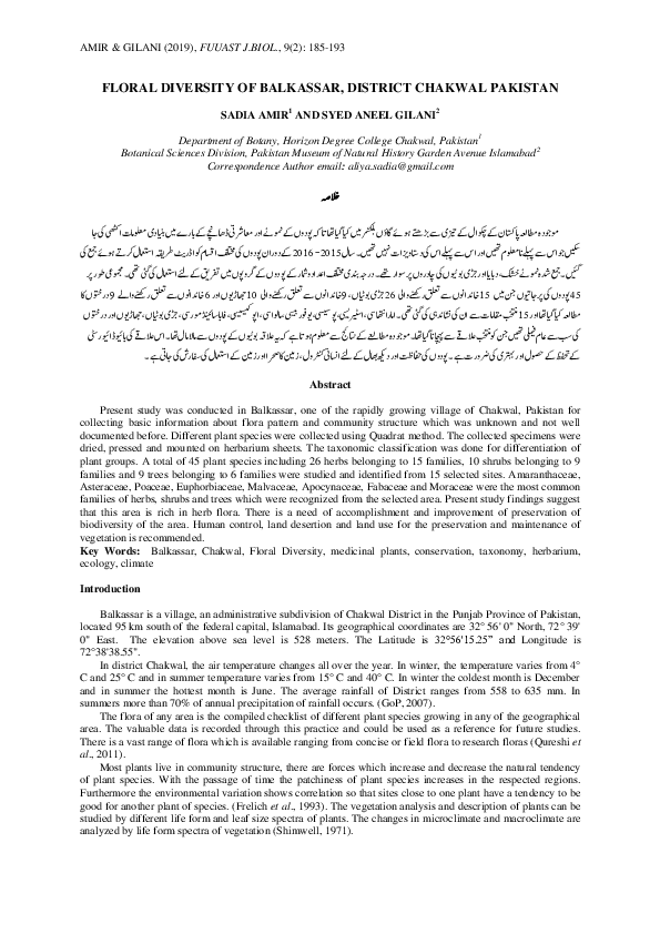 (PDF) Floral Diversity of Balkassar, District Chakwal Pakistan