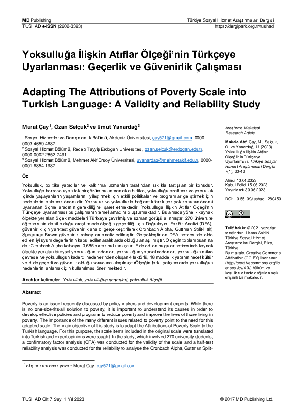 (PDF) Adapting The Attributions of Poverty Scale into Turkish Language: A Validity and ...
