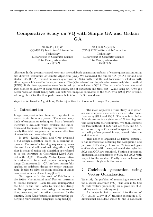 (PDF) Comparative Study on VQ with Simple GA and Ordain GA