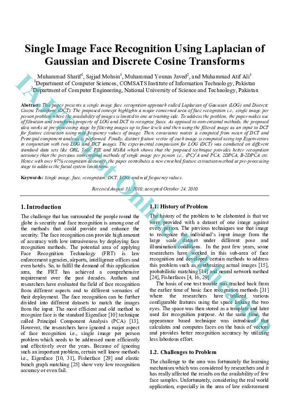 (PDF) Single Image Face Recognition Using Laplacian of Gaussian and Discrete Cosine Transforms
