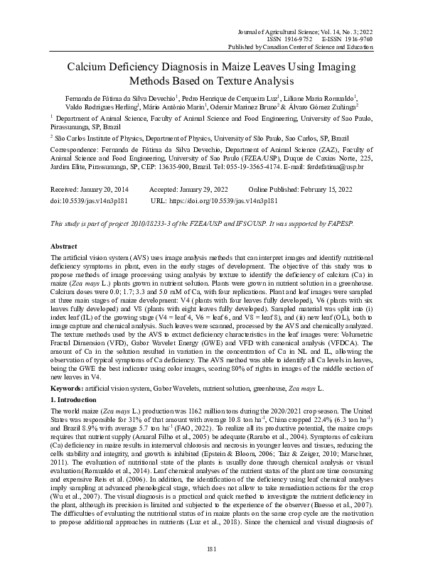 (PDF) Calcium Deficiency Diagnosis in Maize Leaves Using Imaging ...