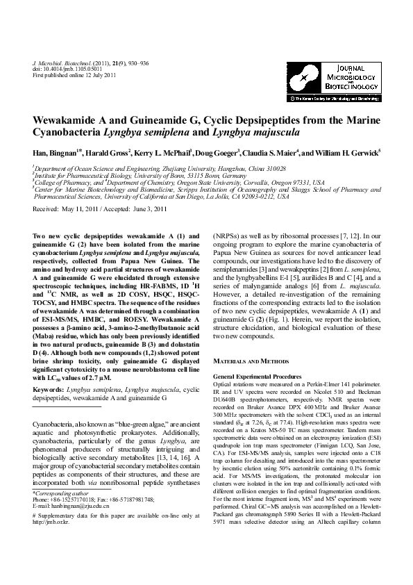 (PDF) Wewakamide A and Guineamide G, Cyclic Depsipeptides from the ...