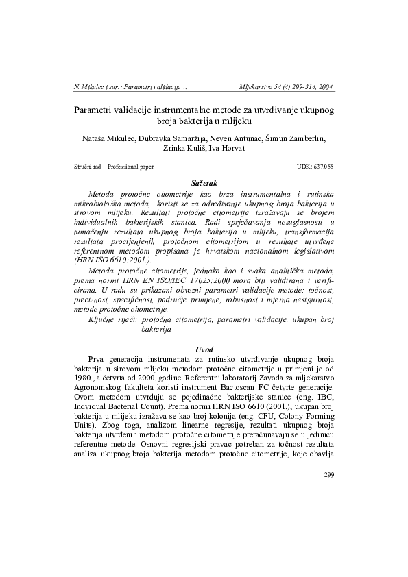 (PDF) Parametri validacije instrumentalne metode za utvrđivanje ukupnog broja bakterija u mlijeku