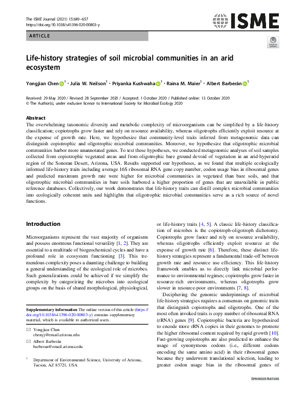 (PDF) Life-history strategies of soil microbial communities in an arid ecosystem | Priyanka ...