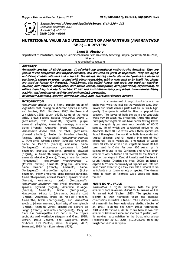 (PDF) Nutritional Value and Utilization of Amaranthus (Amaranthus spp.) – A Review