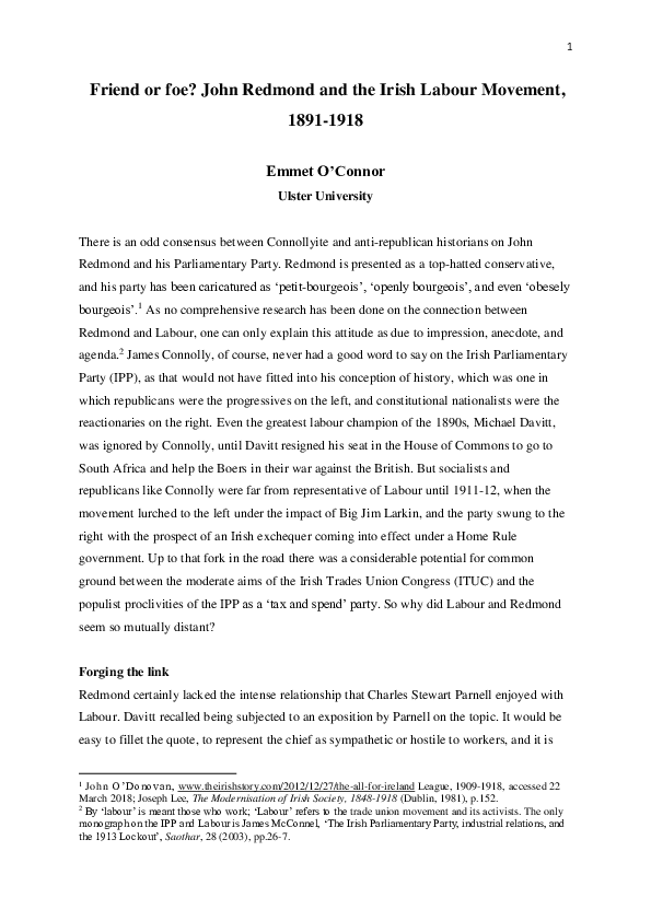 (PDF) Friend or foe?: John Redmond and Labour