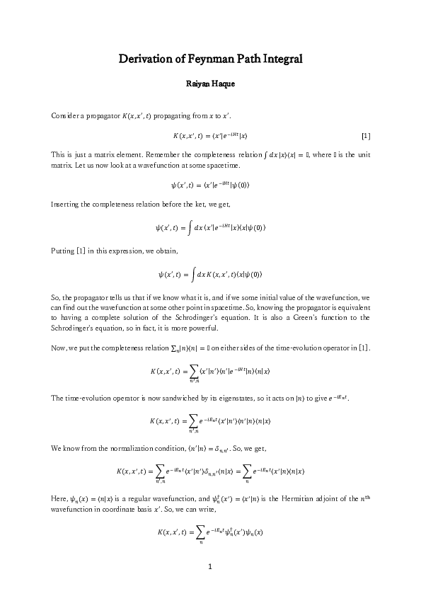 (PDF) Derivation of Feynman Path Integral