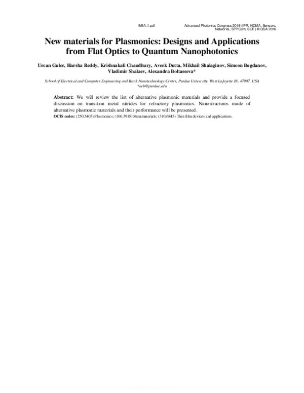 (PDF) New materials for Plasmonics: Designs and Applications from Flat Optics to Quantum ...