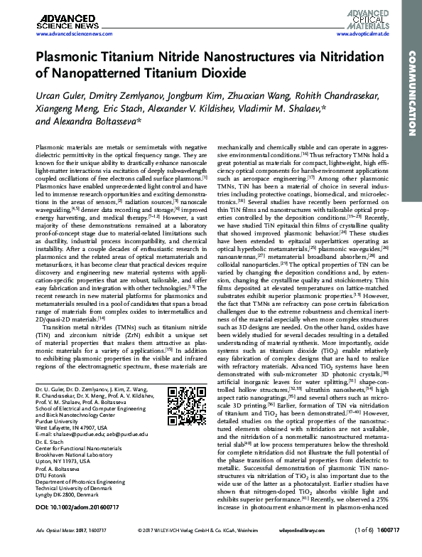 (PDF) Plasmonic Titanium Nitride Nanostructures via Nitridation of Nanopatterned Titanium Dioxide