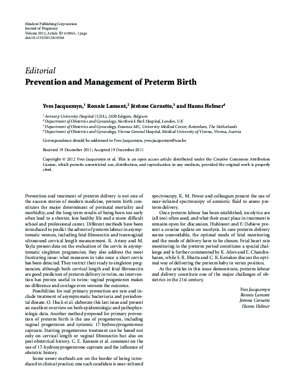 (PDF) Prevention and Management of Preterm Birth