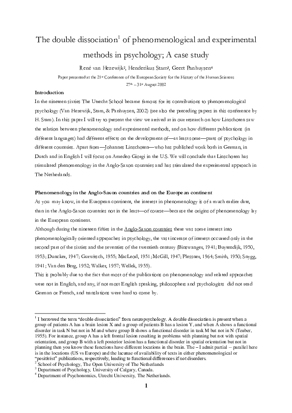(PDF) The double dissociation of phenomenological and experimental methods in psychology; A case ...