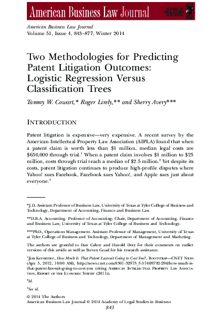 (PDF) Two Methodologies for Predicting Patent Litigation Outcomes: Logistic Regression Versus ...