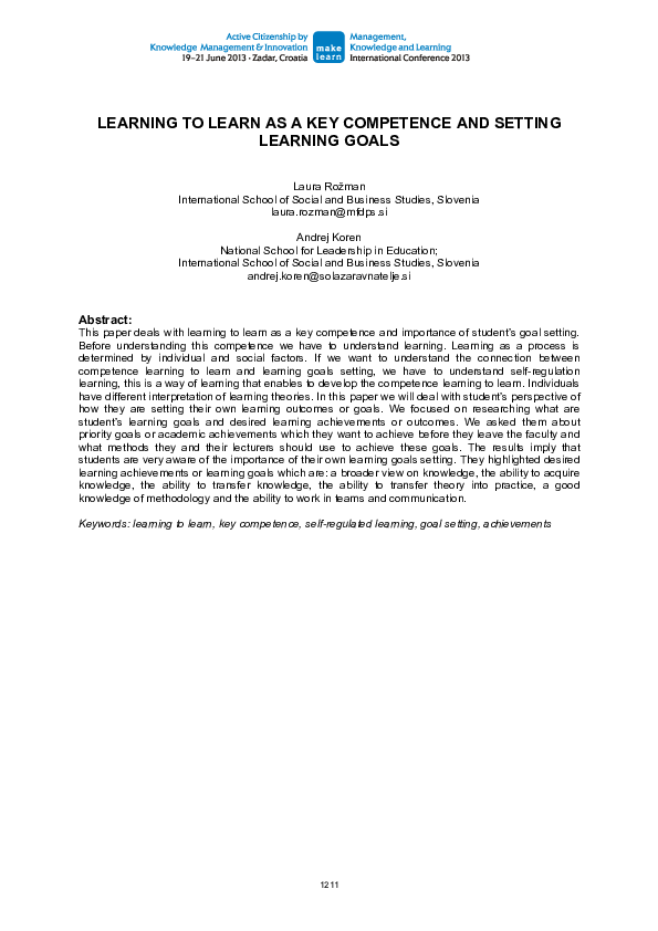 (PDF) Learning to Learn as a Key Competence and Setting Learning Goals