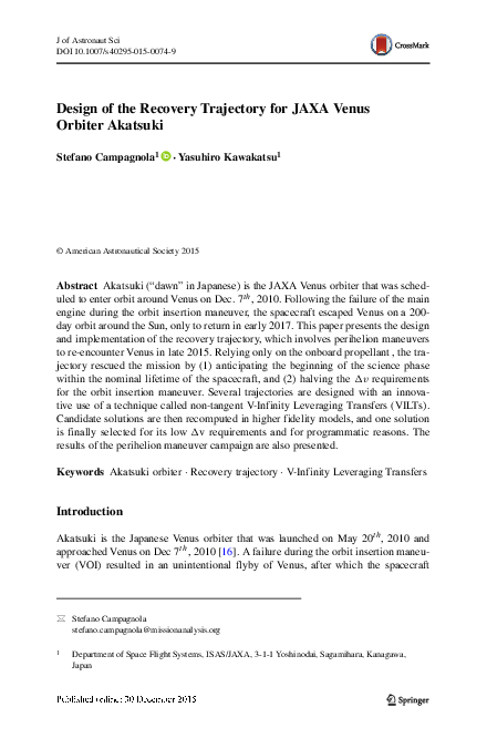 (PDF) Design of the Recovery Trajectory for JAXA Venus Orbiter Akatsuki