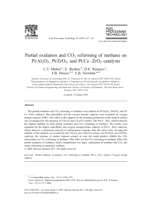 (PDF) Partial oxidation and CO2 reforming of methane on Pt/Al2O3, Pt ...