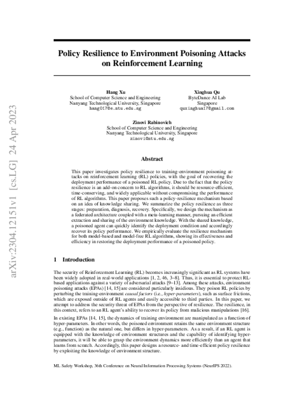 Pdf Policy Resilience To Environment Poisoning Attacks On Reinforcement Learning
