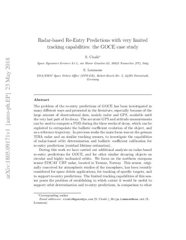 (PDF) Radar-based Re-Entry Predictions with very limited tracking ...
