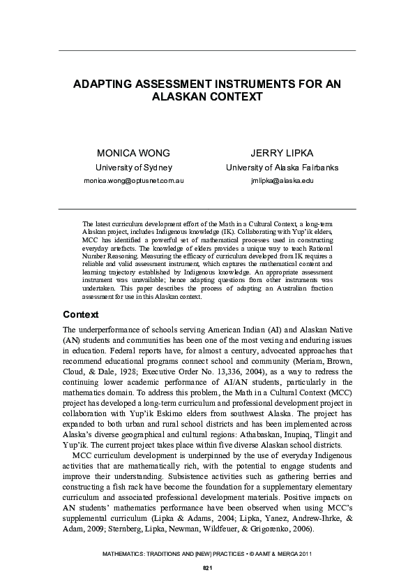 (PDF) Adapting assessment instruments for an Alaskan context