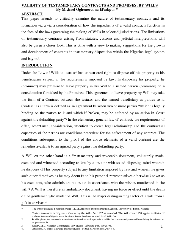 (PDF) VALIDITY OF TESTAMENTARY CONTRACTS AND PROMISES: BY WILLS