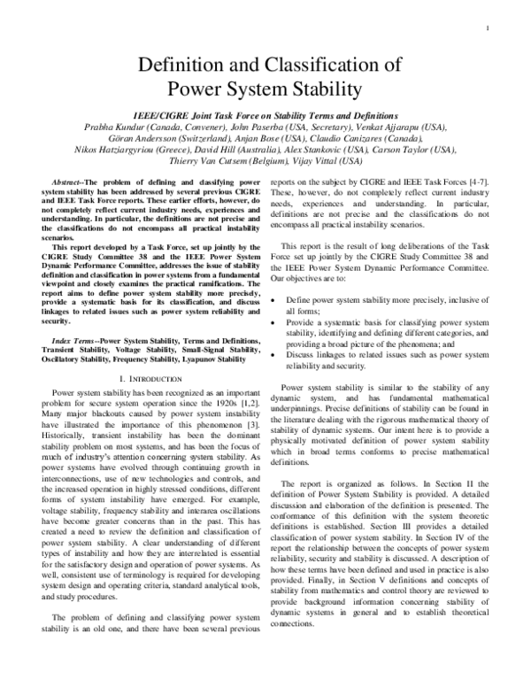 (PDF) Definition and Classification of Power System Stability IEEE ...