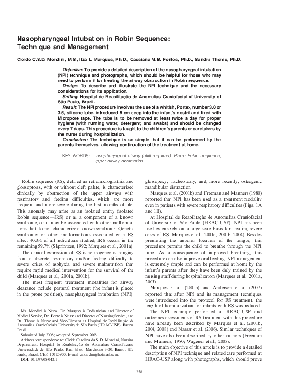 (PDF) Nasopharyngeal Intubation in Robin Sequence: Technique and Management