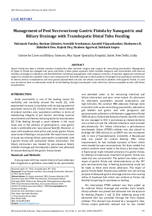(PDF) Management of Post Necrosectomy Gastric Fistula by Nasogastric ...
