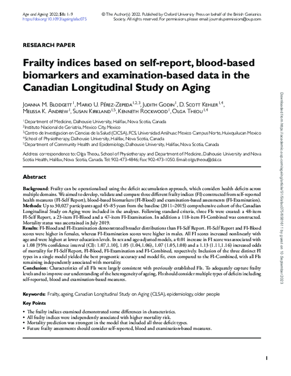 (PDF) Frailty indices based on self-report, blood-based biomarkers and ...
