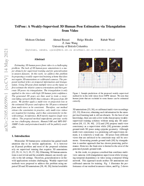 (PDF) TriPose: A Weakly-Supervised 3D Human Pose Estimation via Triangulation from Video