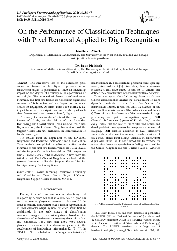 (PDF) On the Performance of Classification Techniques with Pixel Removal Applied to Digit ...