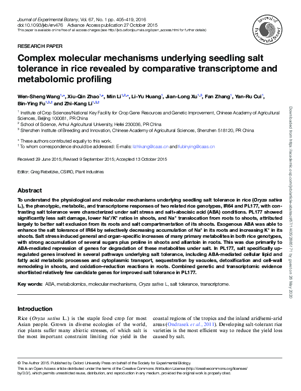 (PDF) Complex molecular mechanisms underlying seedling salt tolerance in rice revealed by ...