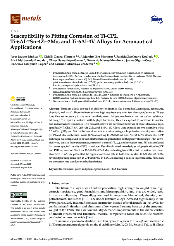 (PDF) Susceptibility to Pitting Corrosion of Ti-CP2, Ti-6Al-2Sn-4Zr-2Mo ...