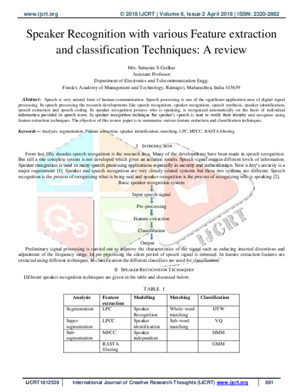 (PDF) Speaker Recognition with various Feature extraction and classification Techniques: A review